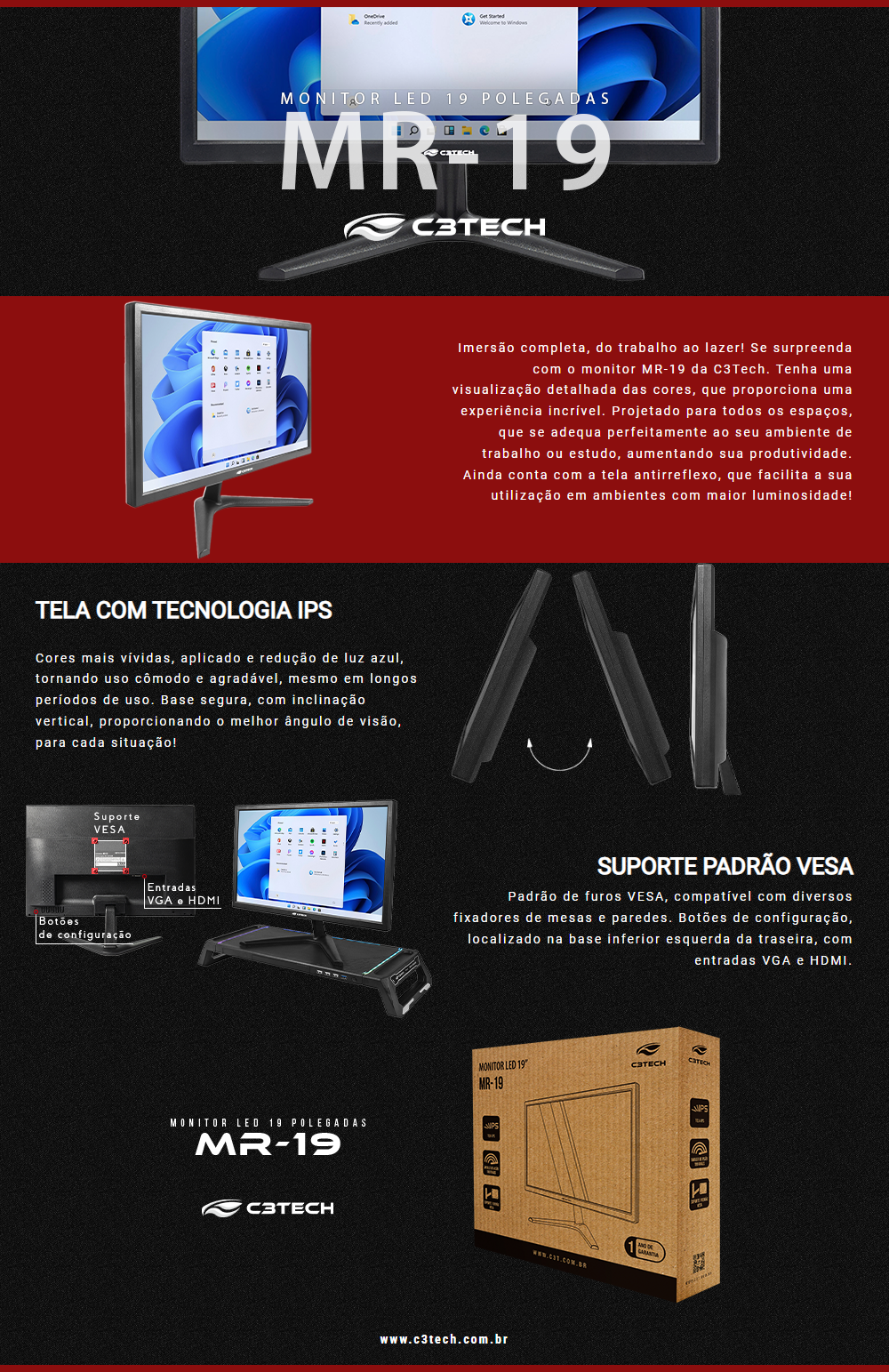 MONITOR 19 IPS HD / 1XHDMI / 1XVGA / 5MS / 60HZ / VESA MR-19 C3TECH 313140680101 | Informatica ...